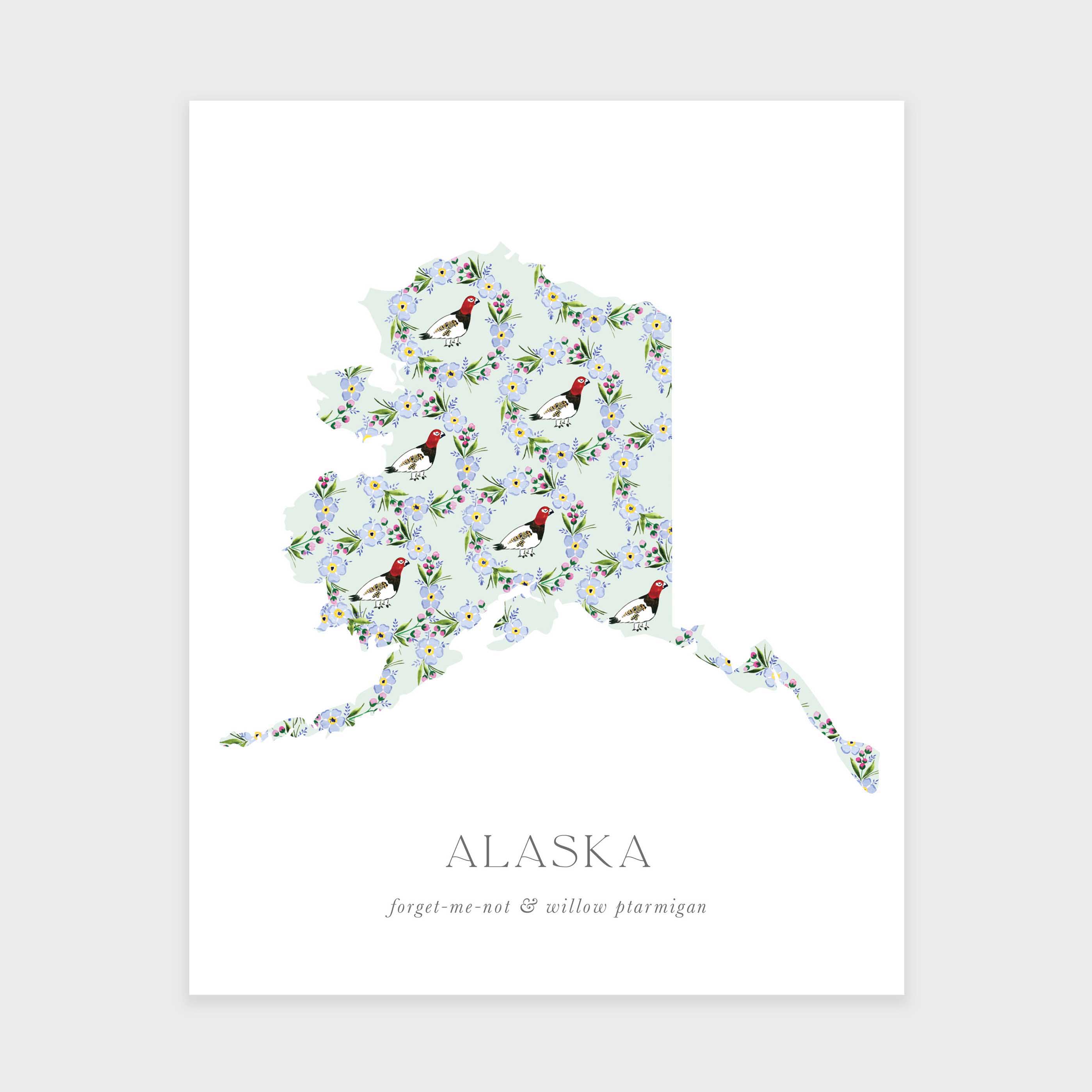 Alaska State Flower & Bird Print - Forget Me Not and Willow Ptarmigan ...